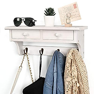 Emfogo Coat Hooks Wall Mounted, Rustic Wood Coat Rack Wall Mount Shelf with Hooks, Farmhouse Wall Coat Rack with Shelf & Vintage Coat Hook for Entryway, Mudroom, Bedroom, Kitchen, Bathroom (White)