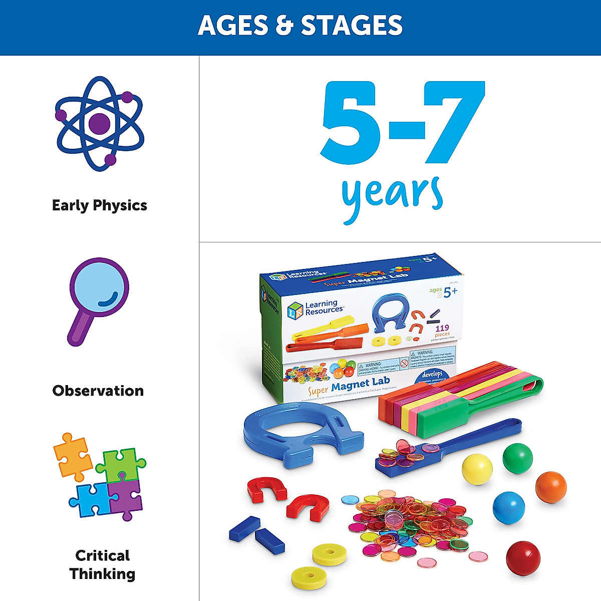 Learning Resources Super Magnet Lab Kit - 119 Pieces, Ages 5+, STEM ,Toys for Kindergartner, Science Learning Activities for Kids,Back to School Supplies,Teacher Supplies