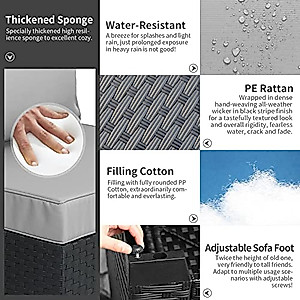 Rattaner Outdoor Sectional 4 Pieces Patio Furniture Set Wicker Patio Furniture Long Patio Couch with Ottoman and Outdoor Storage Table Weathering Anti-Slip Cushions Waterproof Covers, Light Grey