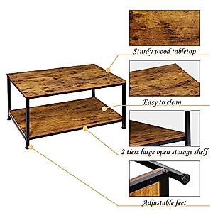 SUPER DEAL 2-Tier Industrial Coffee Table with Storage Shelf for Small Apartment Living Room, Rectangle Wood and Stable Metal TV Stand Side End Table, Retro Brown