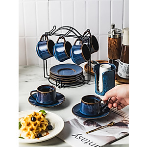 YHOSSEUN Espresso Cups Set of 6, 4 OZ Expresso Shots Cup Small Coffee Cup with Sacuers Metal Stand, Ceramic Espresso Cups for Cappuccino, Latte, Cafe Mocha and Tea, Blue