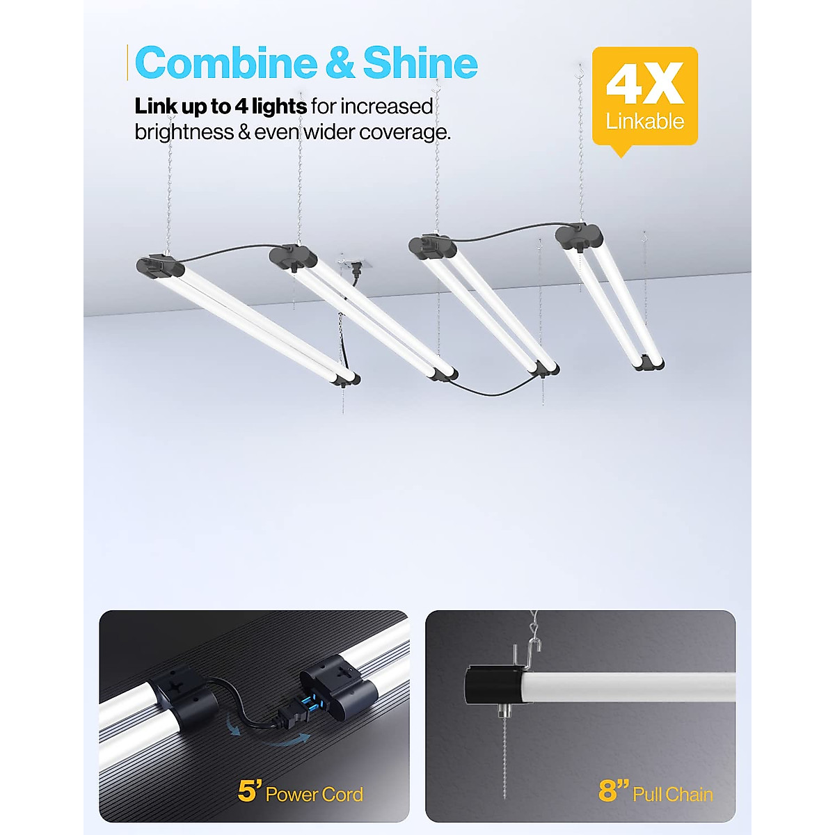 Sunco 8 Pack Linkable LED Utility Shop Light, 4500 LM, 6000K Daylight Deluxe, 4 FT, 48 Inch Integrated Fixture for Garage, 40W Equivalent 150W, Surface + Suspension Mount, Black