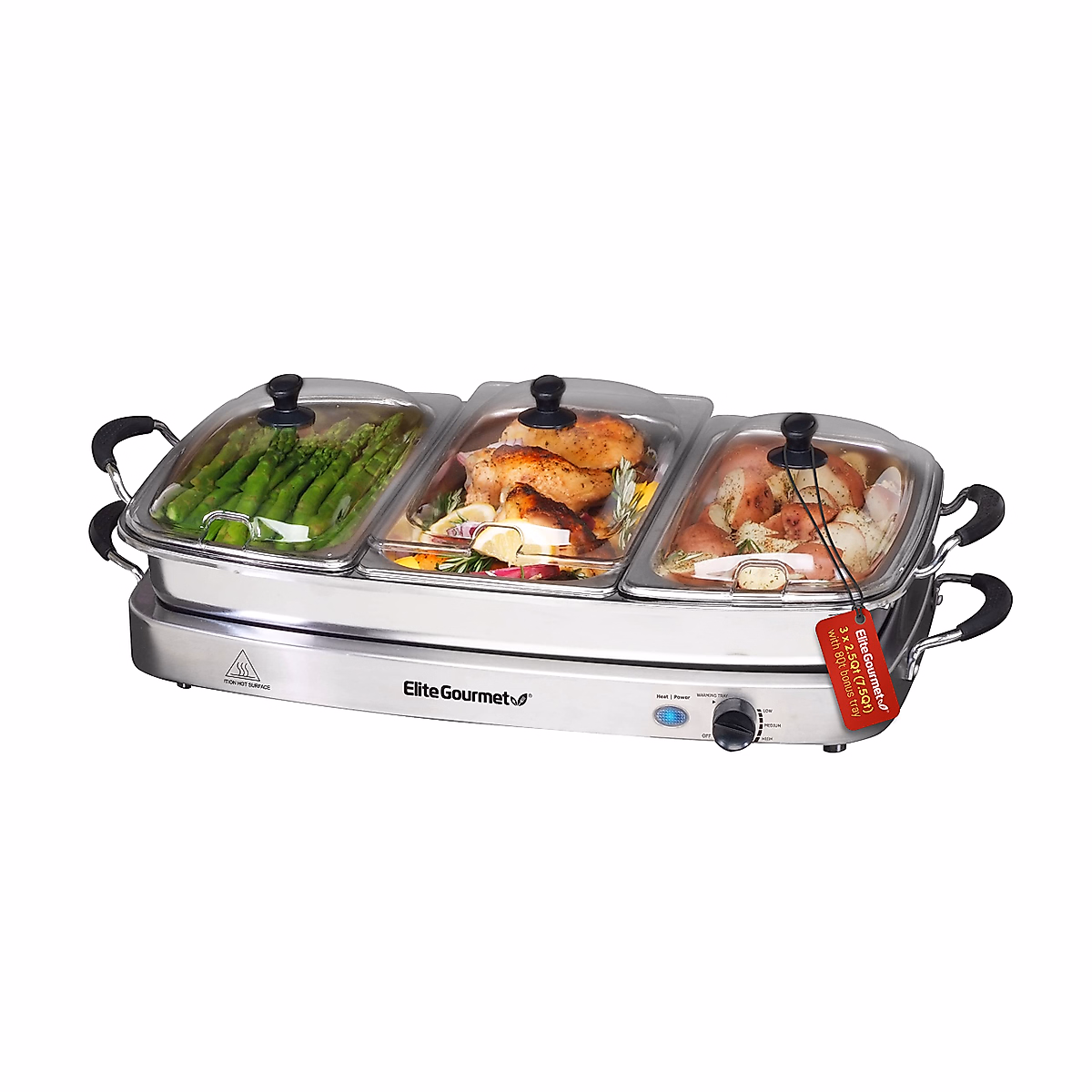 Elite Gourmet EWM-9933 Triple 3 x 2.5 Quart Trays Buffet Server 7.5 Qt Oven Safe Pan Food Warmer, Temperature Control, Clear Slotted Lids, Perfect for Parties, Entertaining & Holidays, Stainless Steel