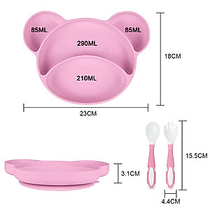 Vicloon Suction Plates for Baby, Silicone Suction Dishware Plate with Spoon and Fork,Toddler Plates Bear Shape,Divided Plates Stay Put with Suction Feature, Silicone Grip Dish for Dishwasher(Pink)