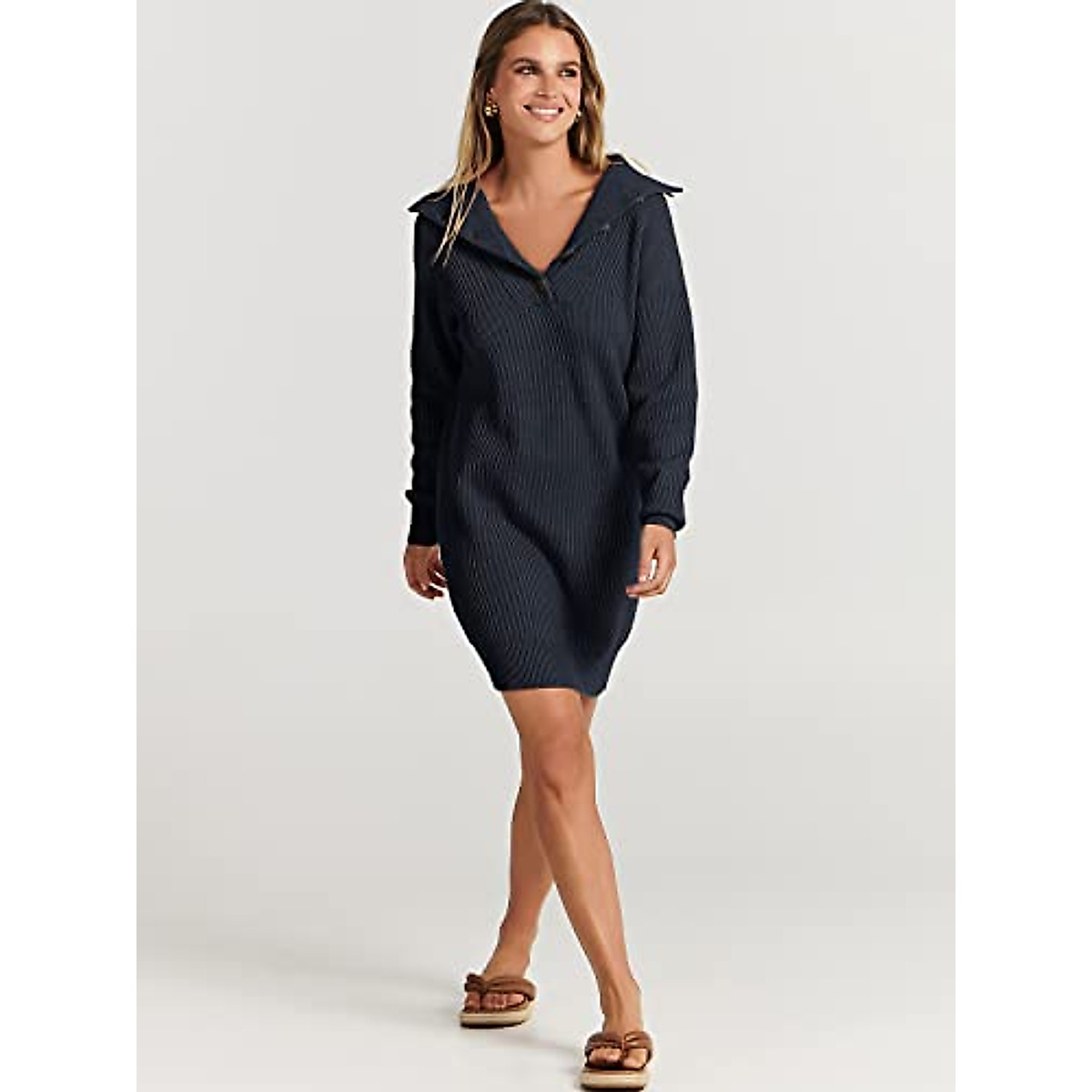 ANRABESS 2023 Fall Long Sleeve Womens Sweater Dress Oversized Lapel Collar Button V Neck Ribbed Loose Fit Casual Trendy Pullover Short Mini Fashion Dresses B782zanglan-L Navy Blue