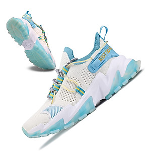 AMLANG Womens Fashion Sneakers Mesh Slip on Running Walking Exercise Shoes White Blue Size 9.5