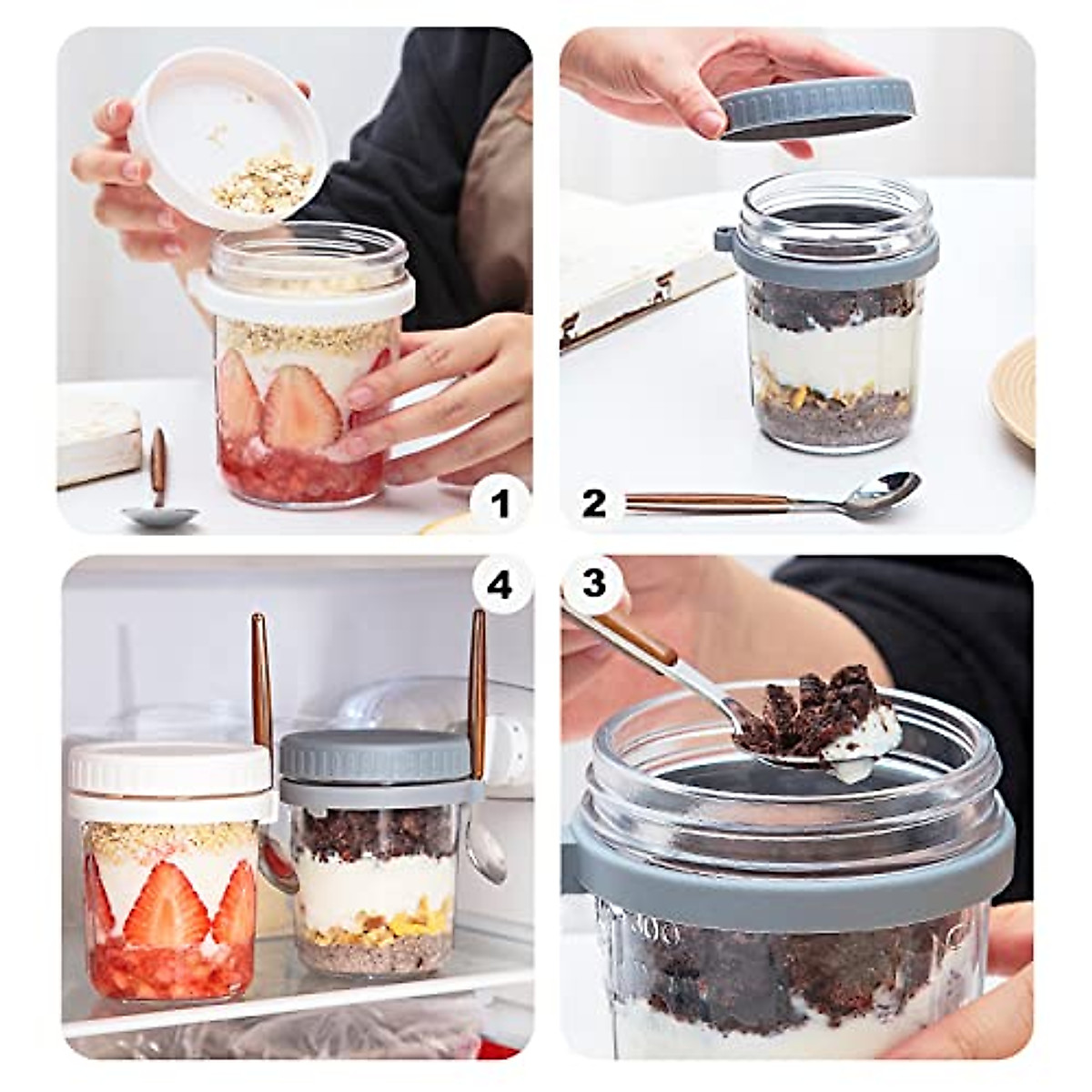 4 Pack Food Grade Overnight Oats Containers with Lids and Spoon, 16 oz Mason Jars for Overnight Oats with Measurement Marks, Large Capacity Airtight Oats Jars for Cereal Milk Yogurt Vegetable Fruit