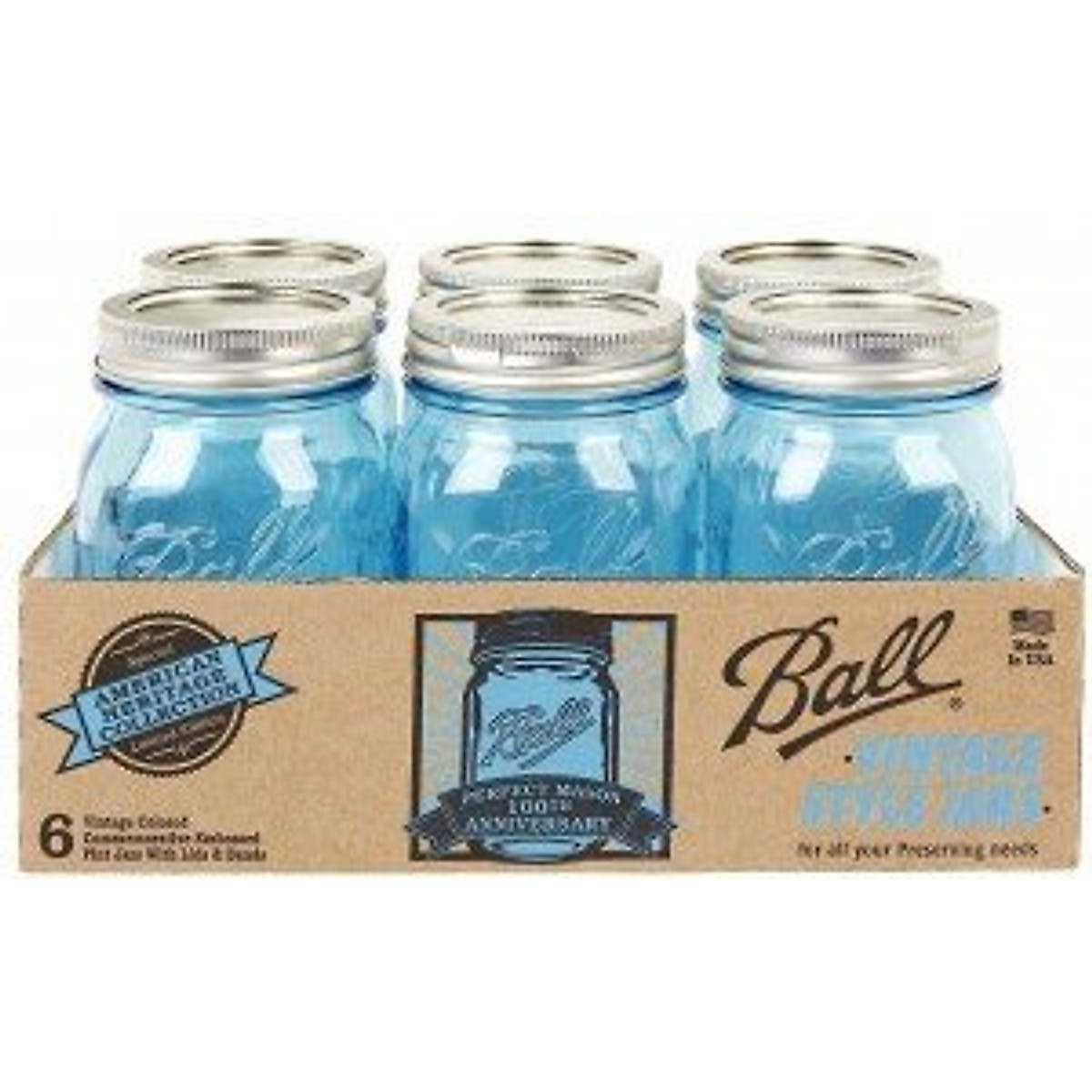 Ball Jar Heritage Collection Pint Jars with Lids and Bands, Blue, Set of 6