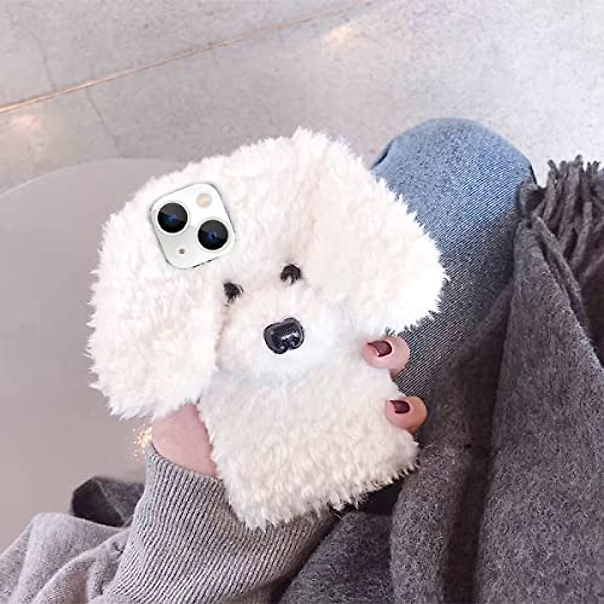 Losin Compatible with iPhone 13 Case Cute Plush Furry Dog Phone Case for Women Girls Girly 3D Cartoon Kawaii Case Soft TPU Shockproof Protective Cover White