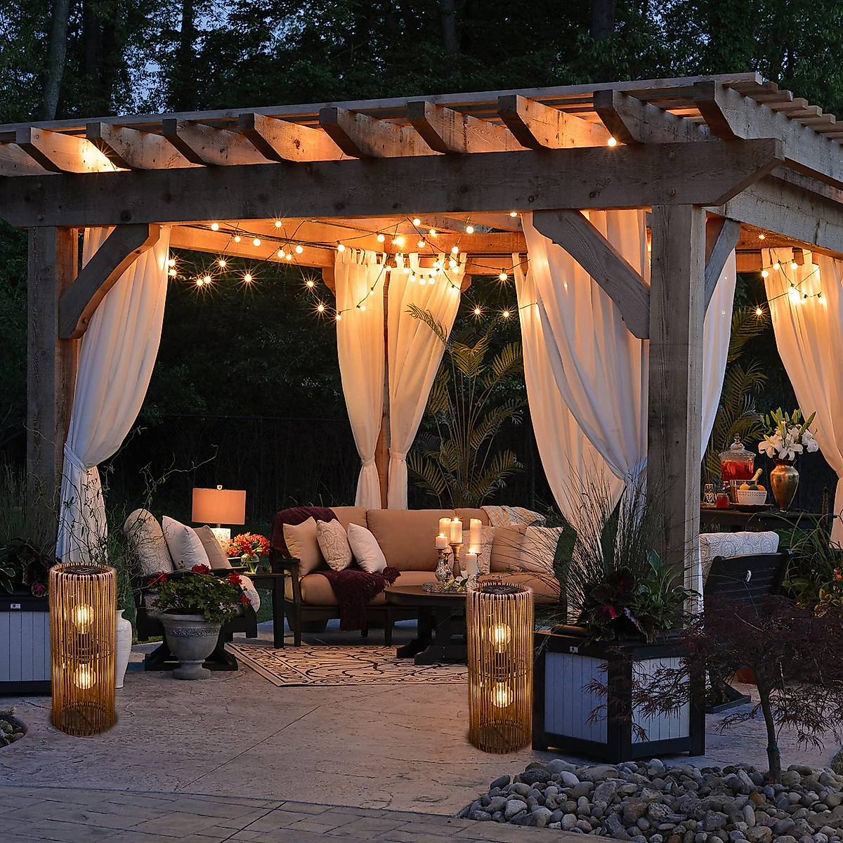 GIBMIDSER Solar Lanterns Outdoor Hanging Lantern Warm White Light Edison Style Bulb Yard Garden Wedding Home Parties Patio Decoration Waterproof Outdoor Floor Lamp Brown