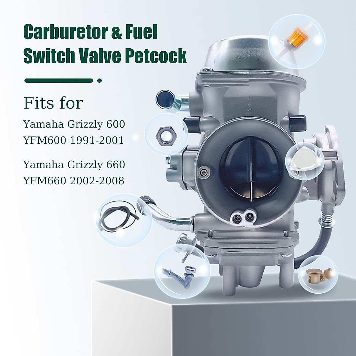 YFM600 Carburetor Carb Kit for Yamaha Grizzly 600 660 YFM600 YFM660 with Fuel Switch Valve Petcock ATV Carb