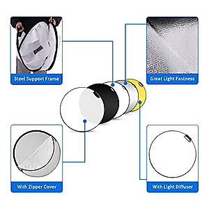 Selens Portable 5-in-1 24 Inch (60cm) Handle Round Reflector Collapsible Multi Disc with Carrying Case for Photography Photo Studio Lighting & Outdoor Lighting, Photography Multi-Disc Photo Reflector