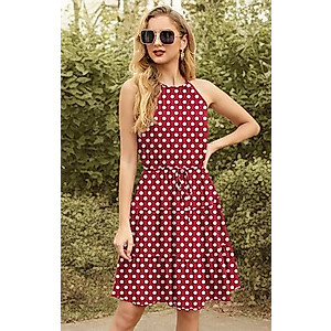GRECERELLE Women 2023 Summer Halter Neck Dresses Sleeveless Casual Polka Dot Print Short Boho Ruffle Sundress(Medium, PD Wine Red)