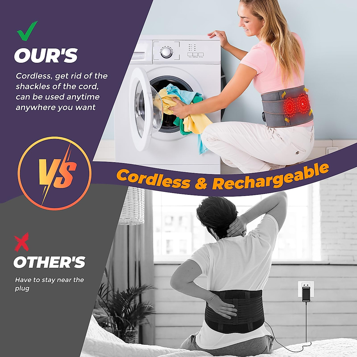 Cordless Heating Pad for Back, Lower Back Massager, Heated Back Brace with 3 Heating & Vibration Modes, Lumbar Support Belt for Men & Women