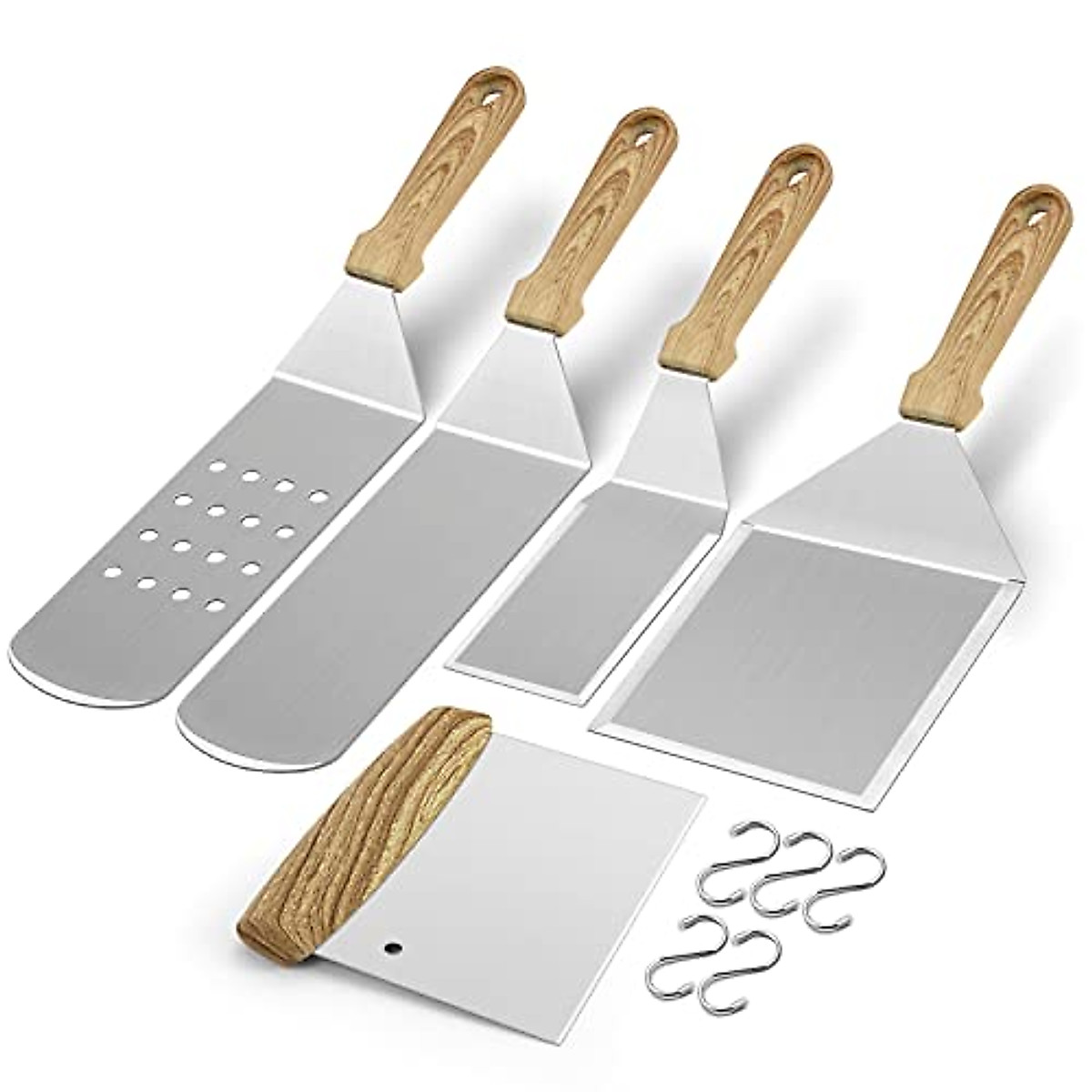 Metal Spatula Set of 5, HaSteeL Heavy Duty Griddle Accessories Kit, Durable Stainless Steel Burger Turner Flipper Scraper Tools for Flat Top Grill Teppanyaki Cast Iron, Indoor & Outdoor, Easy to Clean