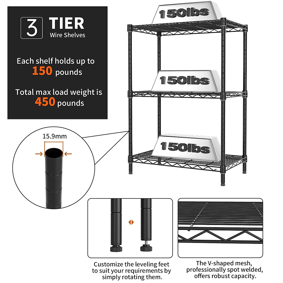 Golpart 3 Tier Adjustable Storage Shelves,Heavy Duty Metal Utility Shelf 450LBS Capacity,Wire Shelving Unit Organizer Rack for Home,Kitchen,Office,Bathroom,Pantry Room,12" D x 22" W x 22.5" H,Black