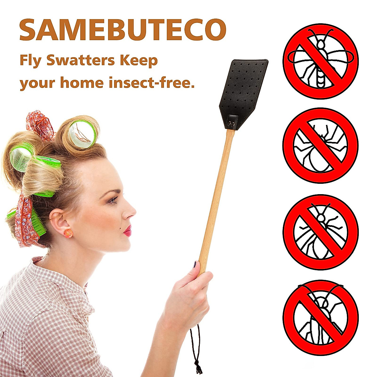 SAMEBUTECO Heavy Duty Leather Fly Swatter Black with Bench Wood Handle 19.7" Length, Fly Catcher and Insects Catcher with Ease