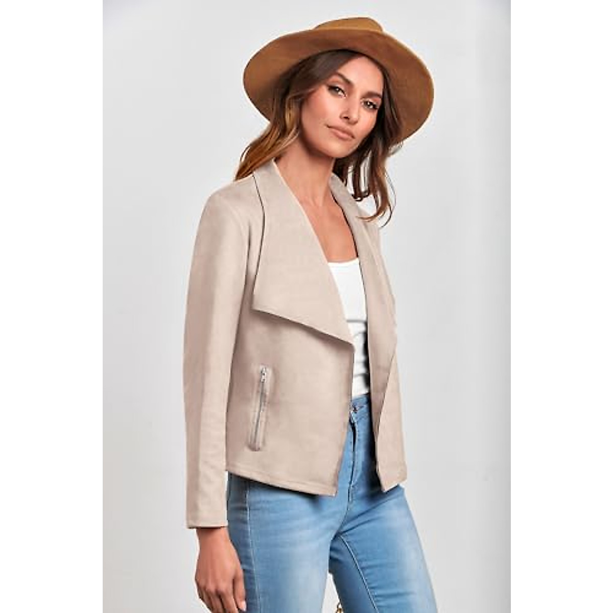 PRETTYGARDEN Women's Faux Suede Jackets 2023 Fall Clothes Long Sleeve Open Front Cropped Coat Outwear (Beige Apricot,Small)