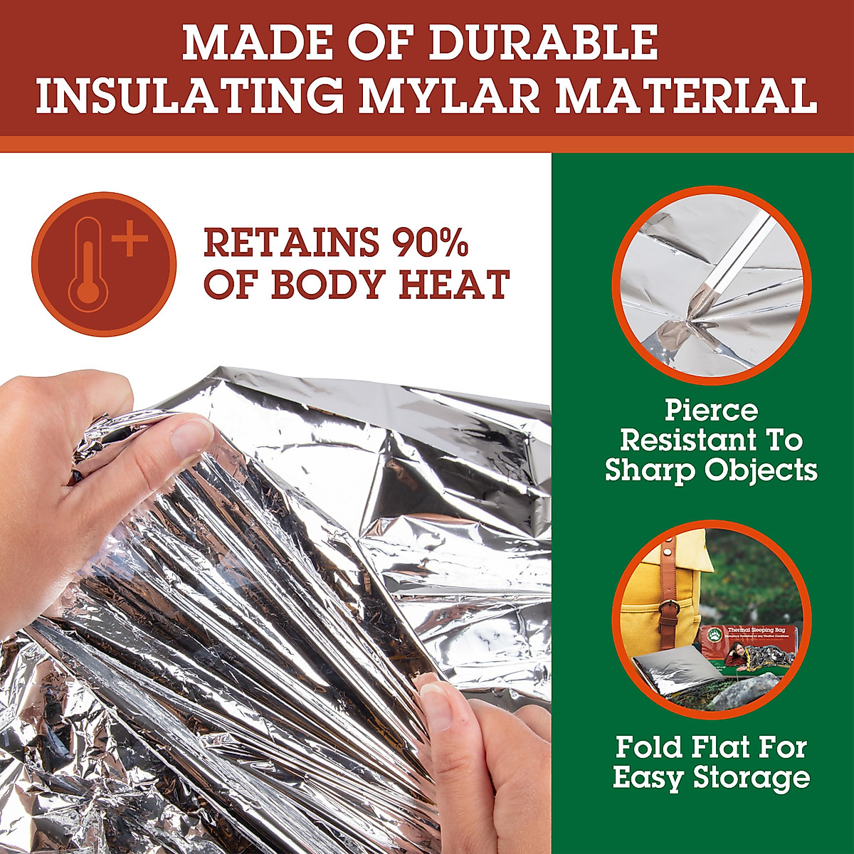 Emergency Thermal Mylar Sleeping Bags - 2 Pack - Ultra Compact for Camping, Survival, Disaster Bivouac Shelter - Pocket Sized, Unfolds to 7ft x 3ft -Retains 90% of Body Heat and Repels Wind and Water