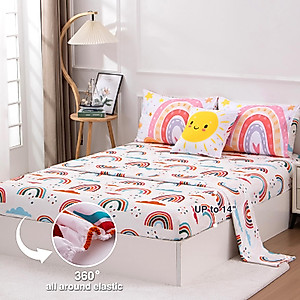 A Nice Night Bedding 6 Pcs Cartoon Rainbow Bedding Set with Smile Sun Printed for Boys Girls Bed Comforter Sets (White, Twin)