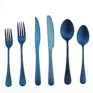 Gugrida 24-Piece Titanium Blue Plated Stainless Steel Flatware Set, Travel Cutlery Include Knife Fork Spoon Service for 4,Healthy & Eco-Friendly Silverware - Matte Elegant Modern Eating Utensils