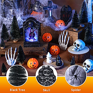 Retisee 28 Pcs Halloween Miniature Micro Landscape Village Accessories Ornaments Set Black Christmas Tree LED Tombstones Skeleton Pumpkin Statues for Halloween Party Set Decor