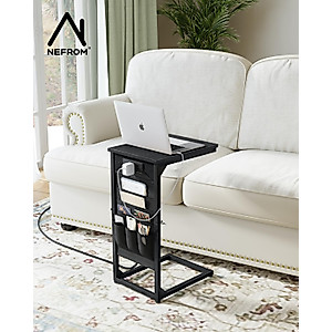 NEFROM Side Table, C-Shaped End Table with Charging Station, Small Couch Table with Storage Bag, Sofa Table for Bedroom, Living Room, Bedside ET-BK-1