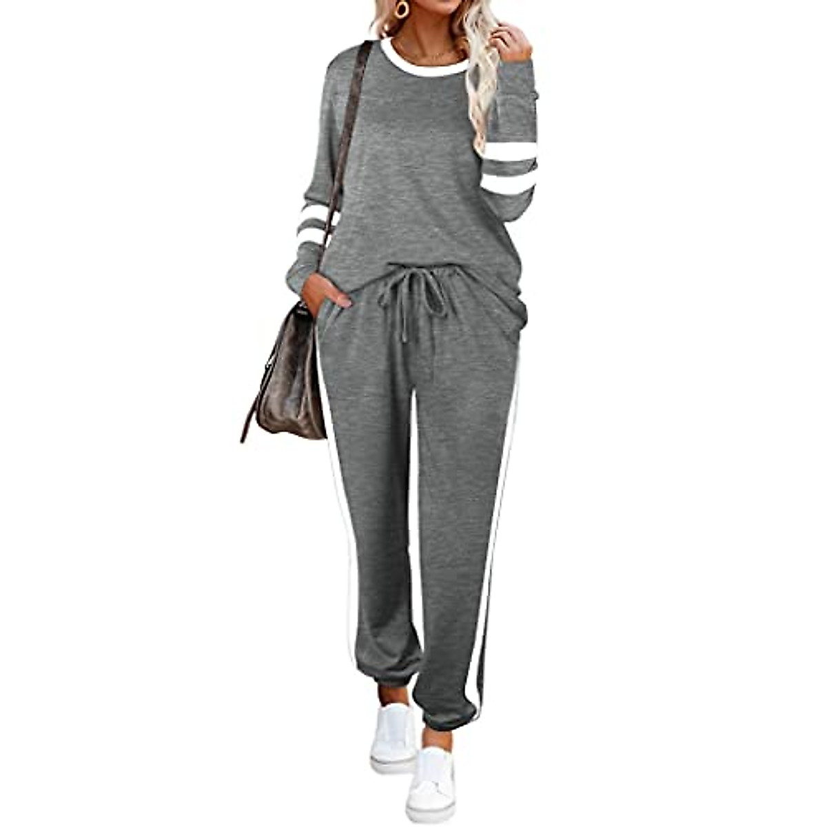 Airplane Outfits for Women 2024 Business Casual Fall Clothes Loungewear for Women Crewneck Sweatshirt and Drawstring Sweatpants Sets M