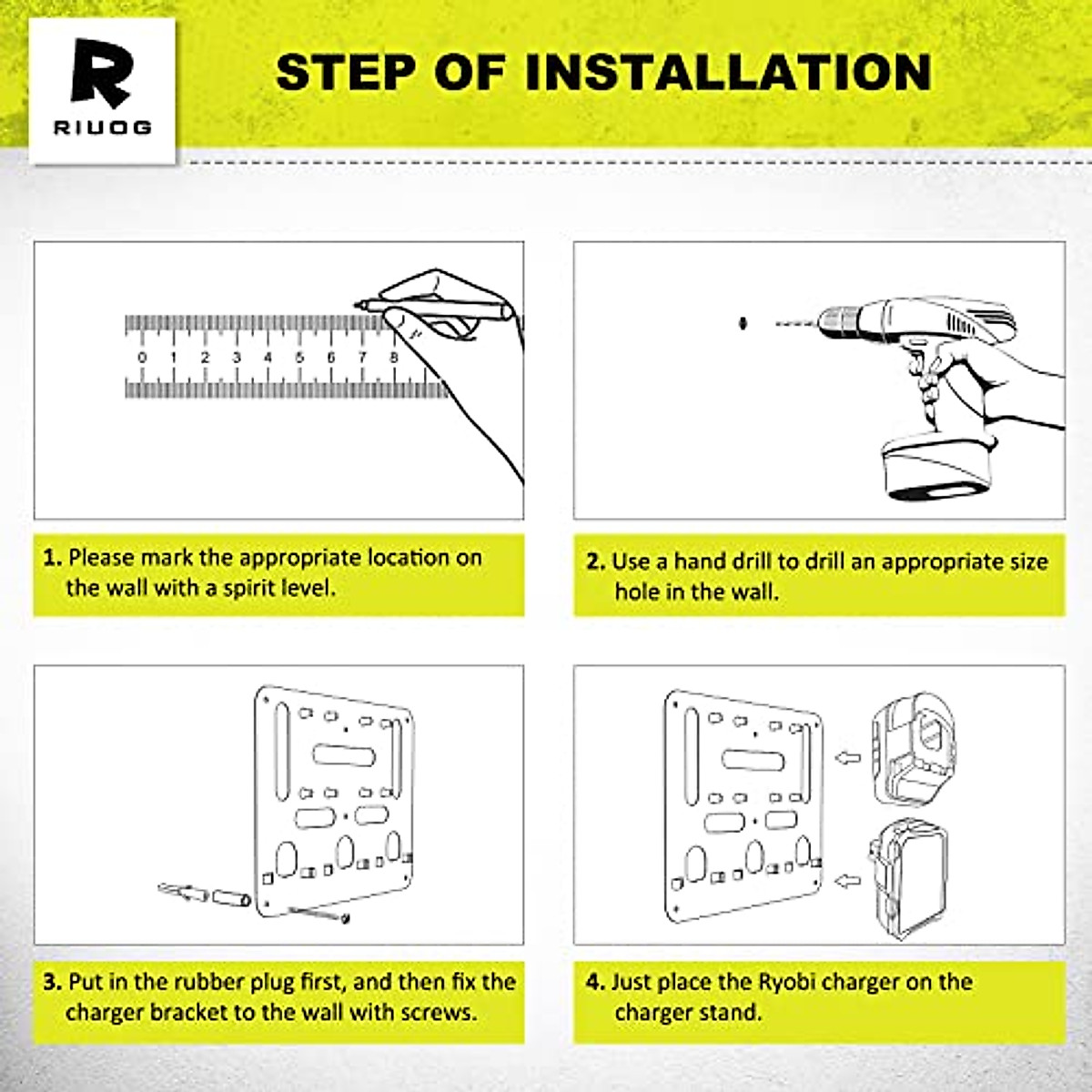 Riuog Battery Holder for Ryobi, Metal Wall Mount Bracket for Ryobi 18V Battery and Ryobi P118B Charger,3 Battery Holder and 2 Charger Holder for Tool Room and Garage
