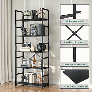 OTK 5 Tier Bookshelf, Tall Bookcase, Office Shelf Storage Organizer, Modern Book Shelf for Living Room, Bedroom, and Home Office, Black