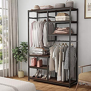 Tribesigns Free-standing Closet Organzier, Double Hanging Rod Clothes Garment Racks with Storage Shelvels, Heavy Duty Metal Closet Storage Clothing Shelving for Bedroom, Capacity 400 lbs (rustic)