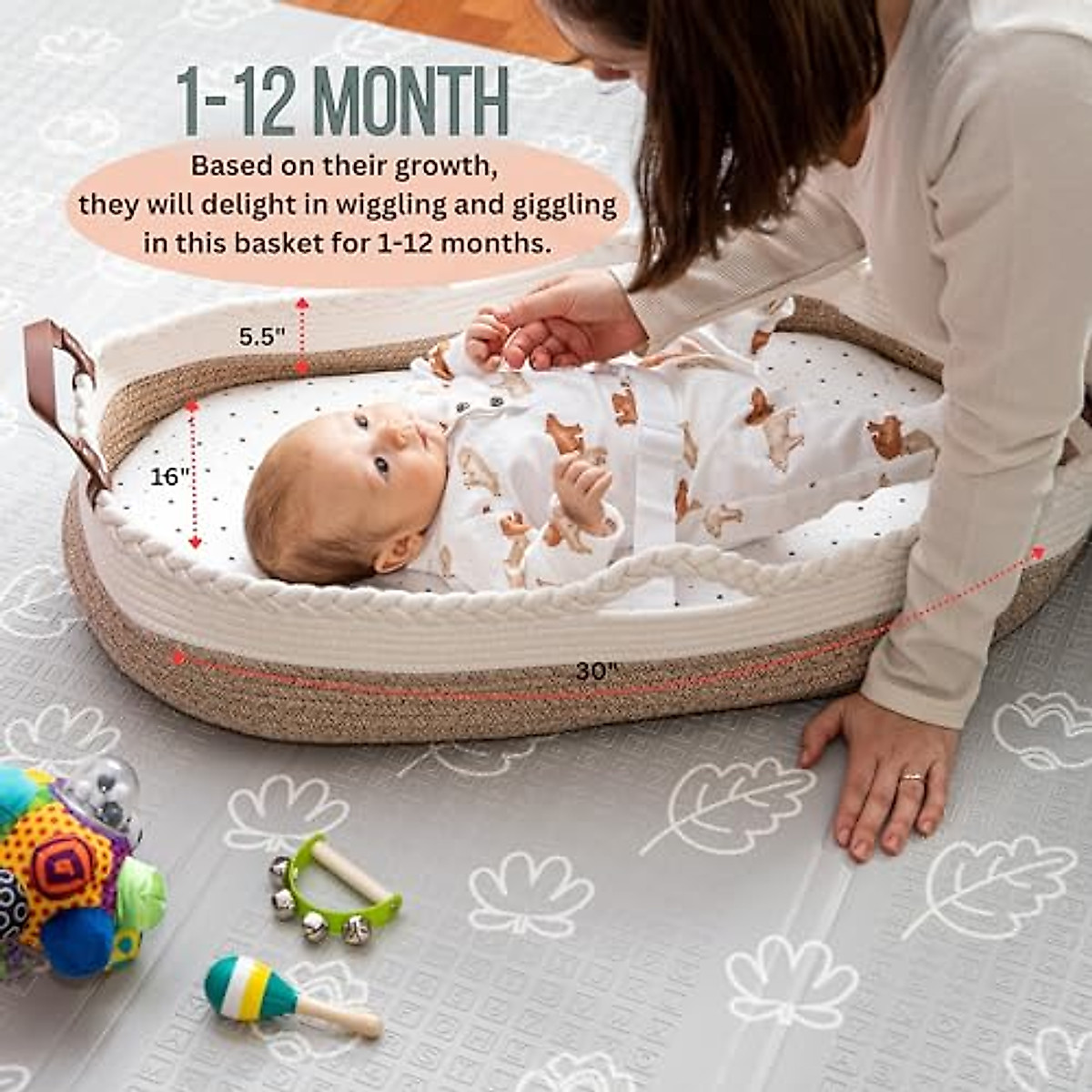 Baby Changing Basket Set - Diaper Caddy with Strap, Multi Handle Handmade Boho Cotton Rope Basket with Portable Bag, Soft Fleece Blanket, Waterproof Pad, Milestone Markers - Table Topper Changing Pad