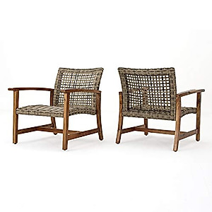 Christopher Knight Home Hampton Outdoor Mid-Century Wicker Club Chairs with Acacia Wood Frame, 2-Pcs Set, Natural Stained / Grey