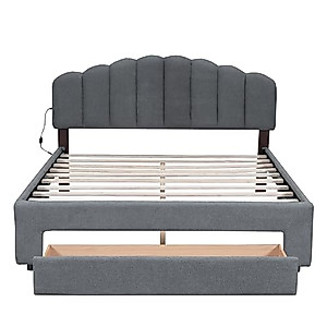 HAUSHECK Upholstered Bed Frame Queen Size with Teddy Fleece Headboard, Big Drawer, Smart LED Lights and 2 USB Ports, Modern Queen Platform Bed Frame w/Wooden Slats Support, No Box Spring Needed