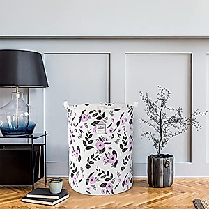 Large Foldable Laundry Basket Organizer Holder portable tall collapsible laundry hamper nusery Storage Basket Bin with Handles Canvas & Waterproof lining for Household Items (Floral Purple)