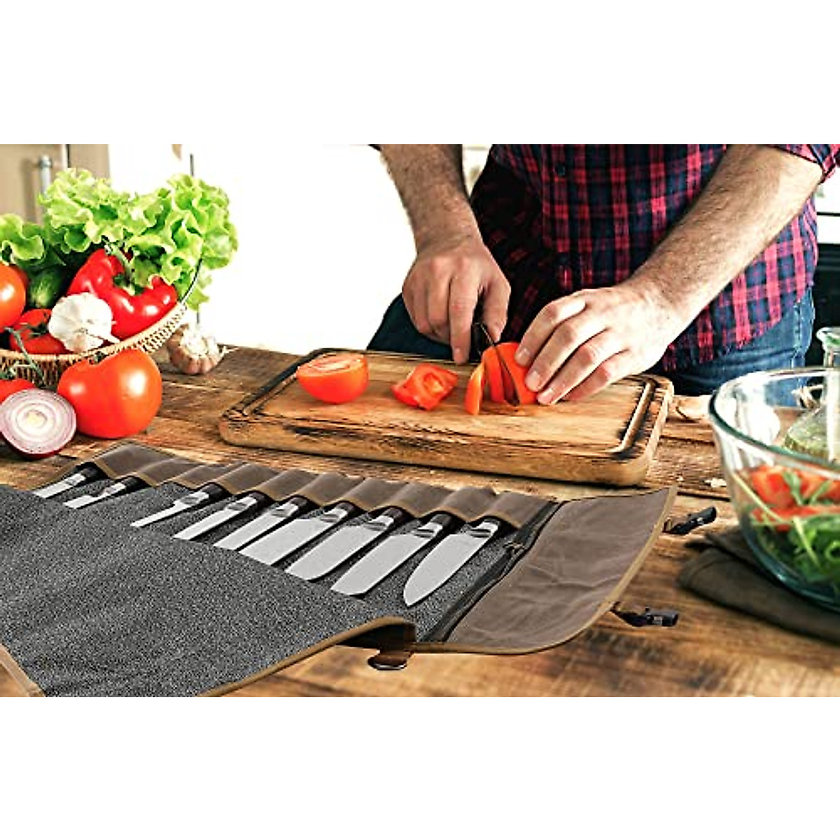 Denifiter Professional Chef's Knife Bag with Anti Cutting Fabric Inside, Heavy Duty 16oz Waxed Canvas Knife Roll, 11 Slots & Durable Handle Adjustable Shoulder Strap (Grey)