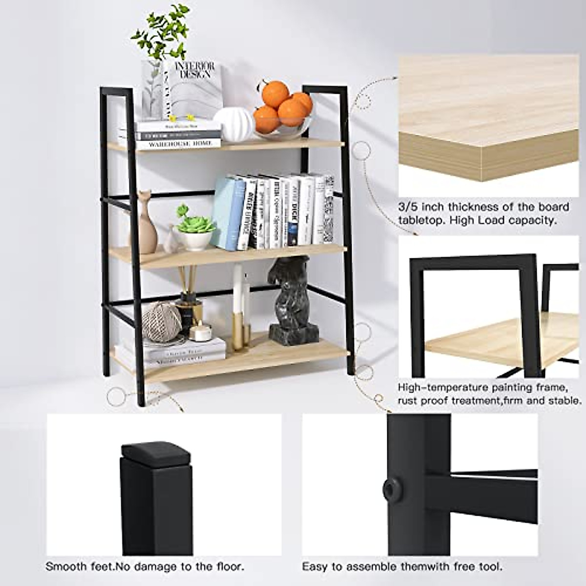 SpringSun 4 Tier Bookshelf Industrial Ladder Shelf Open Display Storage Rack Wood Bookcase with Metal Frame, Freestanding Storage Shelves for Home Office, Living Room, Bedroom, Kitchen