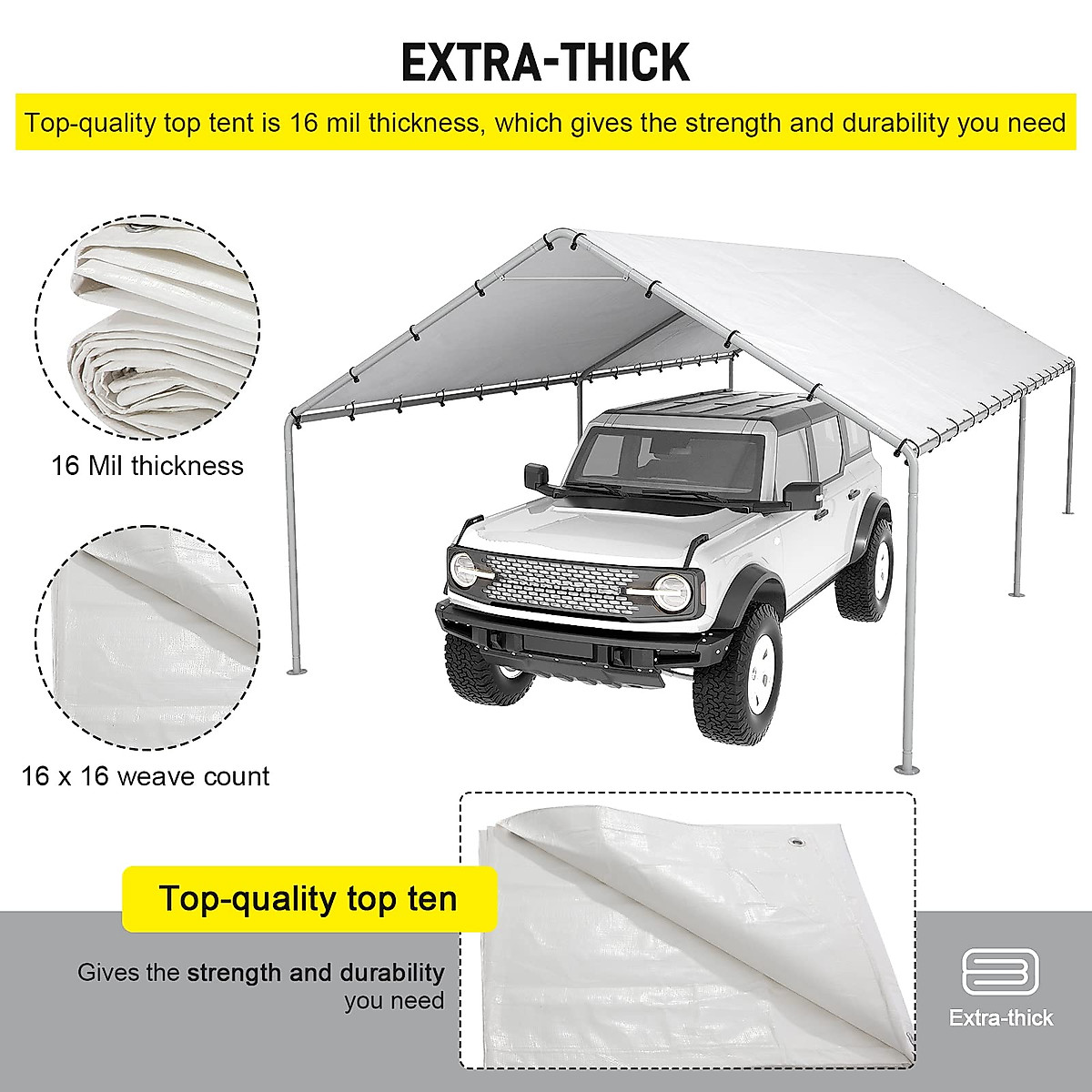 10 x 20 Ft Carport Replacement Canopy Cover Garage Top Tent Shelter Tarp with Free 48 Ball Bungee Cords,White(Only Cover, Frame Not Include)