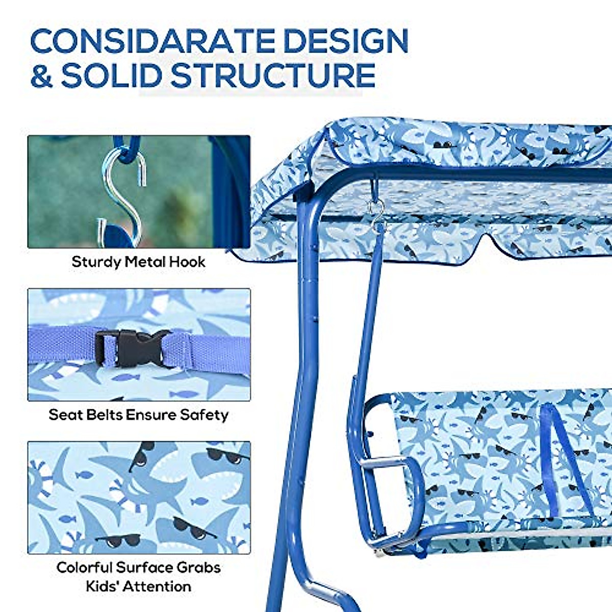 Outsunny Kids Porch Swing, Outdoor 2-Seat Children Patio Chair, Toddler Glider with Adjustable Canopy, Seat Belt for Garden Backyard Shark Pattern