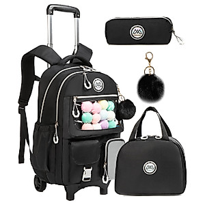 ZBAOGTW Rolling Backpack for Girls Kids Backpack with Wheels Backpacks for Elementary with Lunch Box Pencil Case Trolley (Black1)