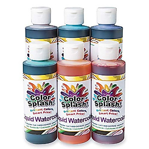 S&S Worldwide Color Splash! Liquid Watercolor Paint, 6 Vivid Colors, 8-oz Flip-Top Bottles, for All Watercolor Painting, Use to Tint Slime, Clay, Glue, Shaving Cream, Non-Toxic. Pack of 6.