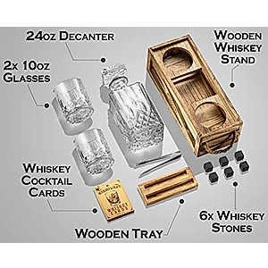 Whiskey Stones Gift Set for Men | Whiskey Decanter with Glasses Set and Wood Stand, 6 Granite Whiskey Chilling Stones and 10oz Whiskey Glasses | Whiskey Decanter Set For Men, Dad, Husband, Boyfriend