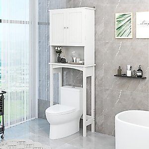 Yone jx je Over The Toilet Storage Cabinet with 2 Doors and Shelf, 3-Tier Space Saving Organizer Rack, Stable Freestanding Above Toilet Stand, Bathroom Cabinet for Bathroom, Restroom, Laundry, White