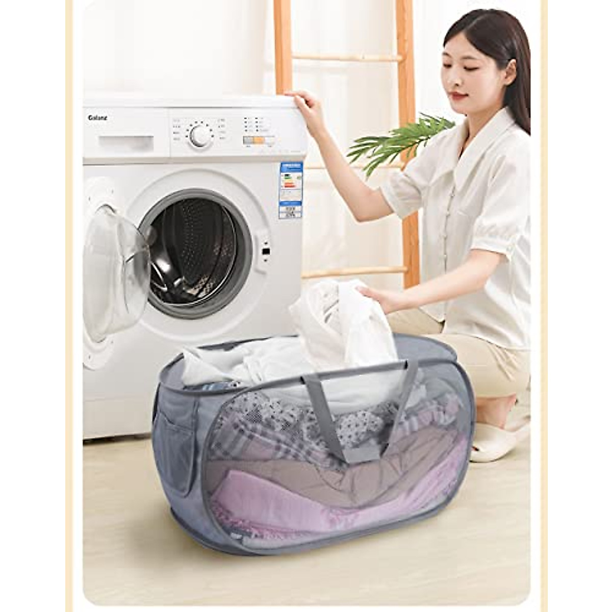 foldable laundry basket, Pop Up Laundry Hamper, Collapsible Mesh dirty clothes hamper (Tear Proof, with Strong Handles) Gray…