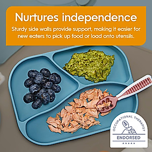 NumNum Silicone Toddler Suction Plates for Baby - 100% Food Grade Divided Plate w/Easy Release Tab, BPA Free & Dishwasher Safe - Non-Slip Dishes for High Top, Dining Table - 2 Pack, Blue/Green