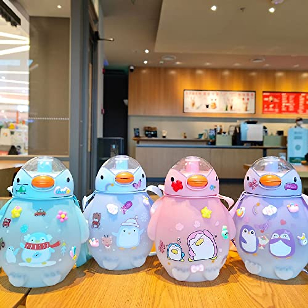 TEAUSA Girls Kawaii Water Bottle with Straw and Adjustable Shoulder Strap, 53oz Large Capacity Cute Water Bottles With 3D Kawaii Sticker for School, Office, Picnic, Camping, Hiking (Pink)