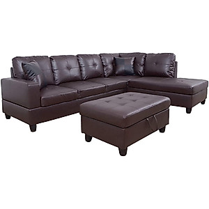 A Ainehome Sectional Sofa Faux Leather Modern L Shaped Couch Set 103.5”Wide Including Chaise and 3 Seating Sofa with Storage Ottoman for Living Room Furniture (Right Hand Facing, B-Brown)