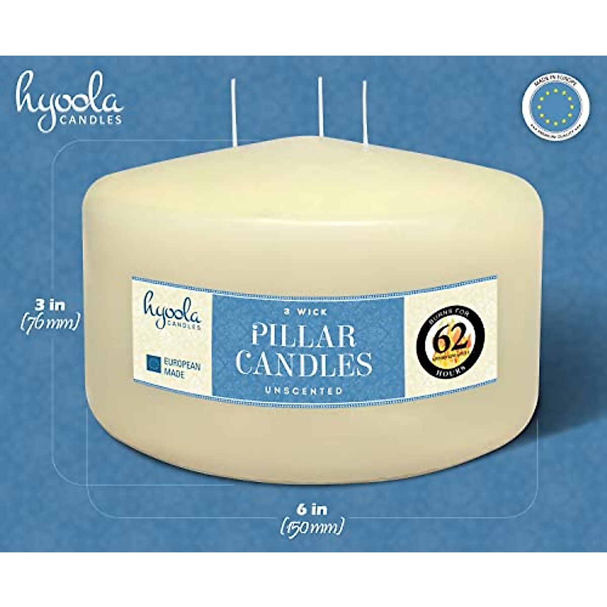 HYOOLA Ivory Three Wick Large Candle - 6 x 3 Inch - Unscented Big Pillar Candles - 62 Hour - European Made