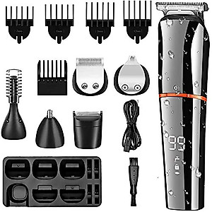 RESUXI Beard Trimmer for Men Hair Clippers Cordless Mustache Nose Trimmer Body Groomer, 6 in 1 Mens Grooming Kit Clippers Hair Cutting Kit, Waterproof USB Rechargeable LCD Display Stand Base