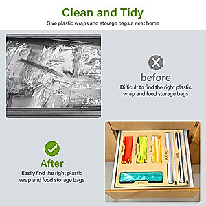 KOCWELL Bag Organizer and Plastic Wrap Dispenser with Cutter, 6 In 1 Bamboo Foil and Plastic Wrap Organizer for Kitchen Drawer, Food Storage Bag Organizer for Gallon,Quart,Sandwich,Snack(Beige)
